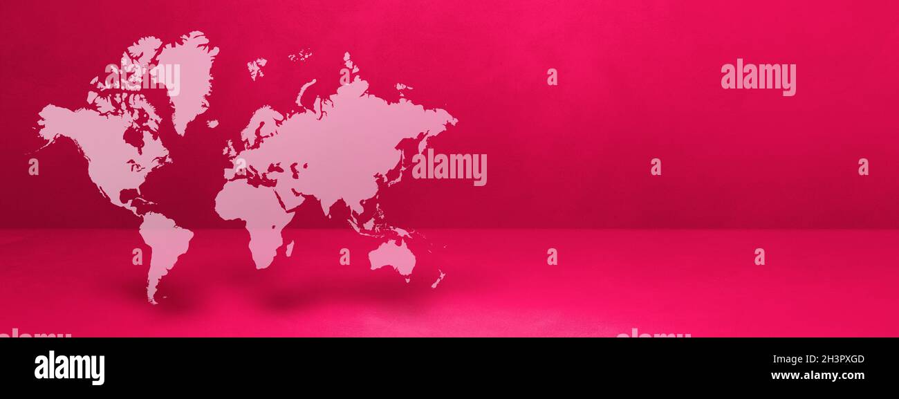 World map on pink wall background. 3D illustration. Horizontal banner ...