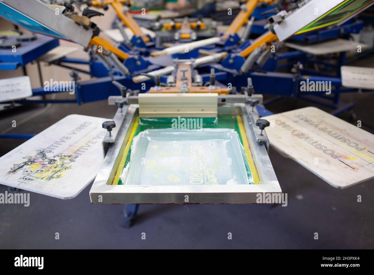 Serigraphy silk screen print process at clothes factory. Carousel Frame ...