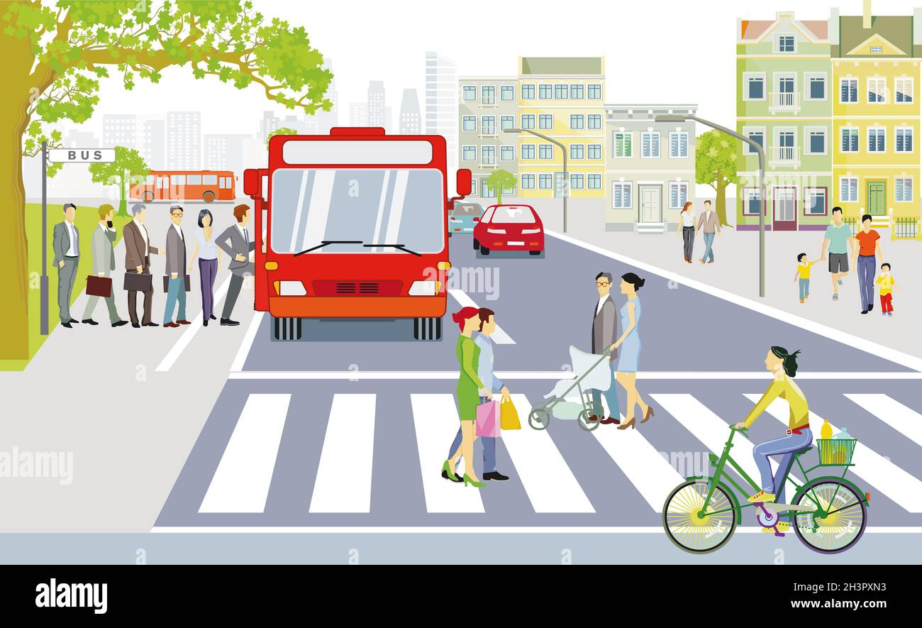 Road traffic with bus stop, pedestrians on zebra crossing and cyclists ...