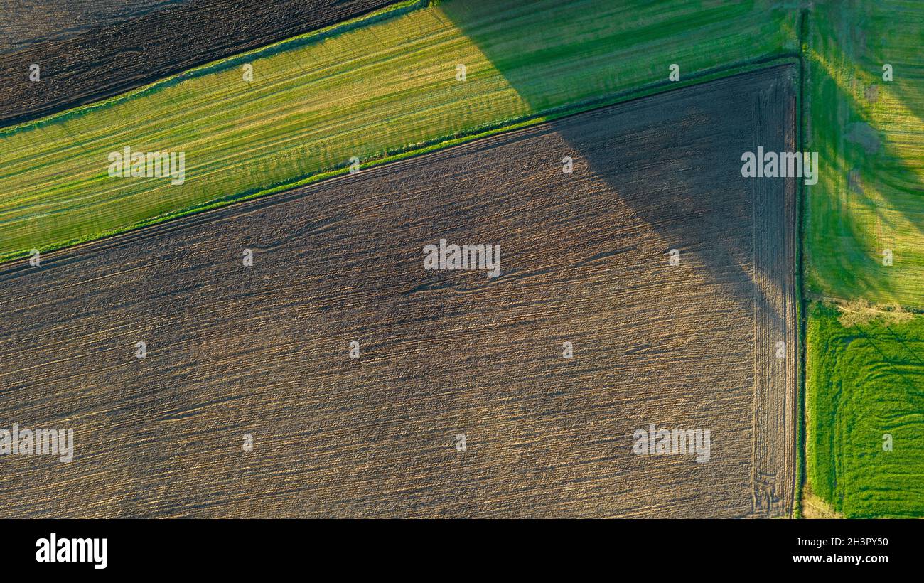 Aerial view geometric farming fields, showing a green meadow and plowed ...