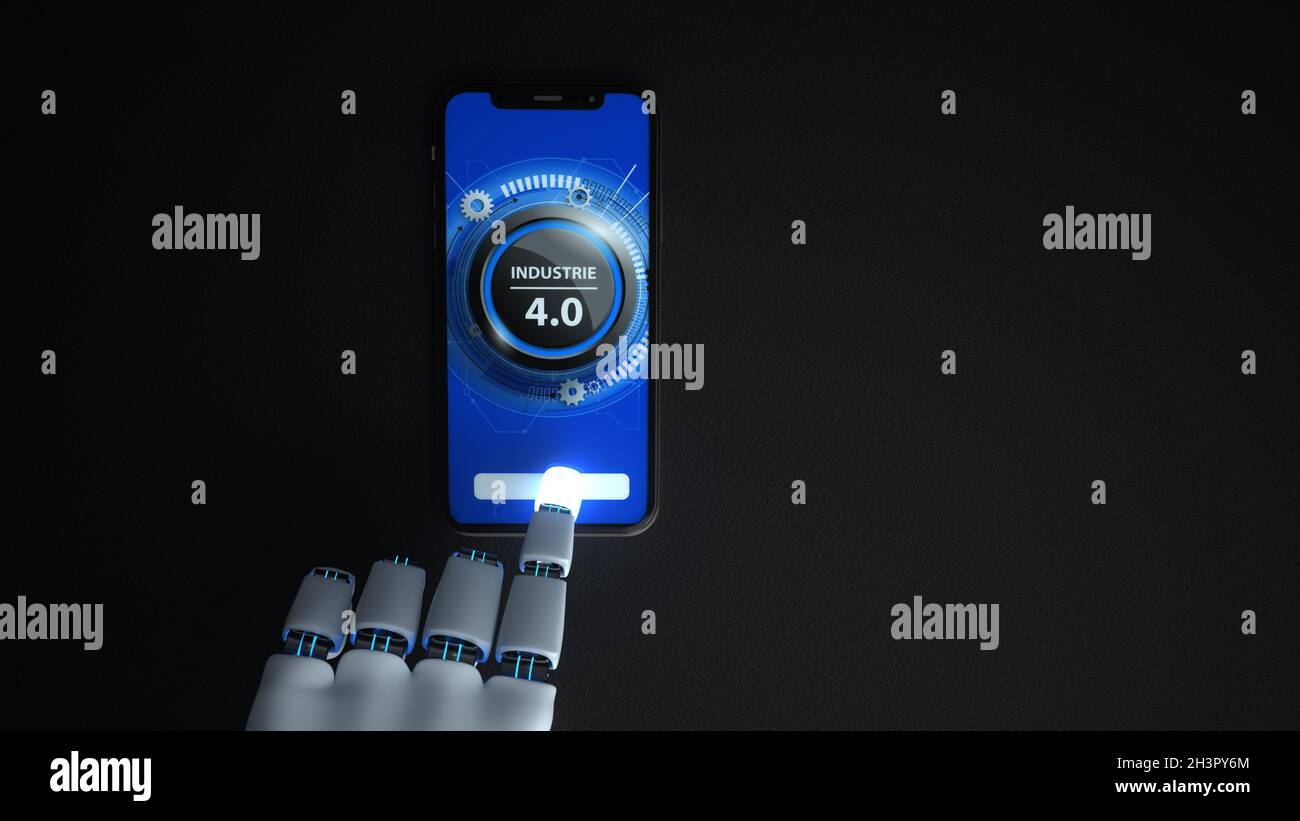 Industrie 4.0 - Humanoid Robot Hand Click Smartphone Stock Photo - Alamy