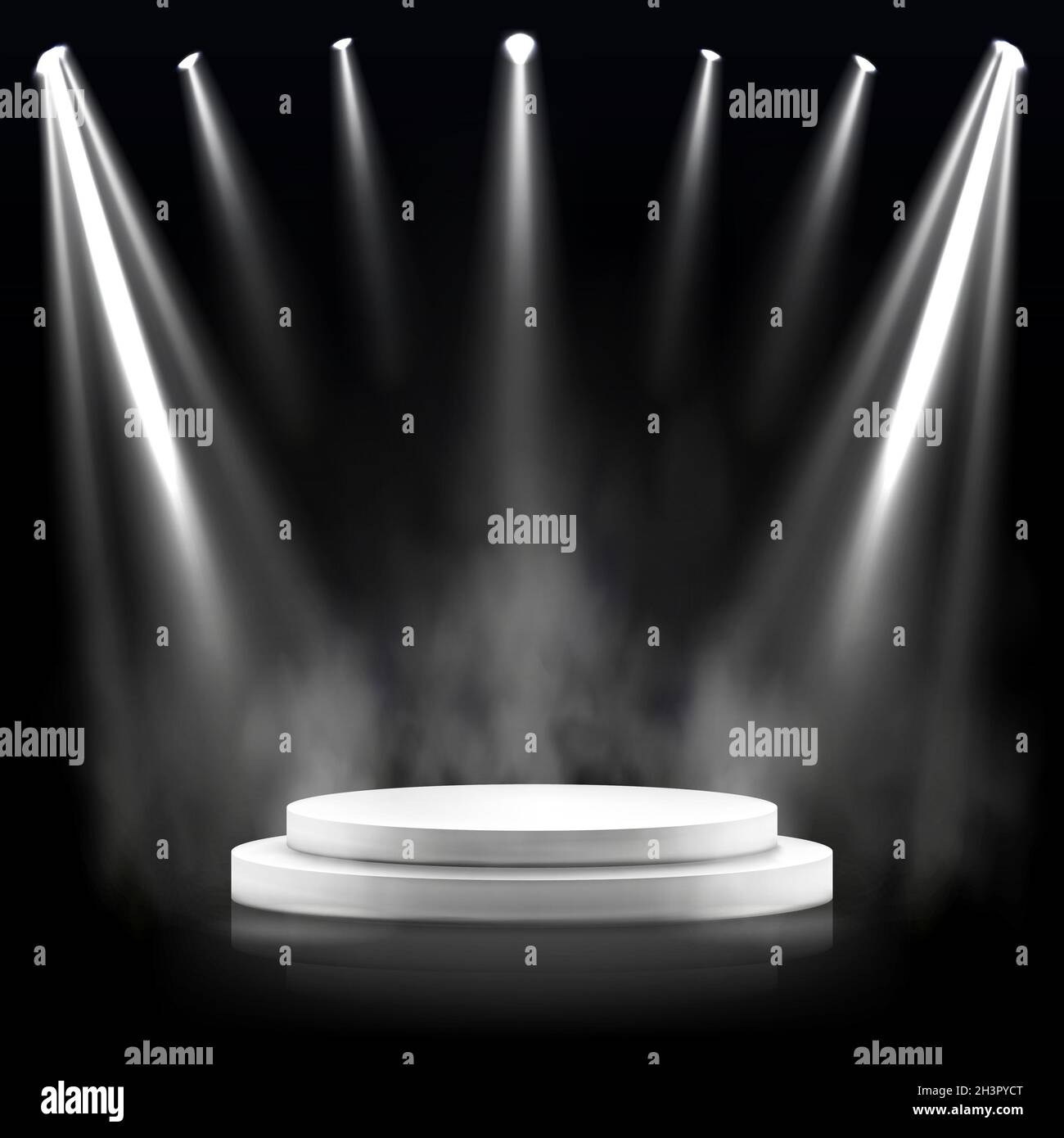 Realistic black studio with white podium and lighting from above ...