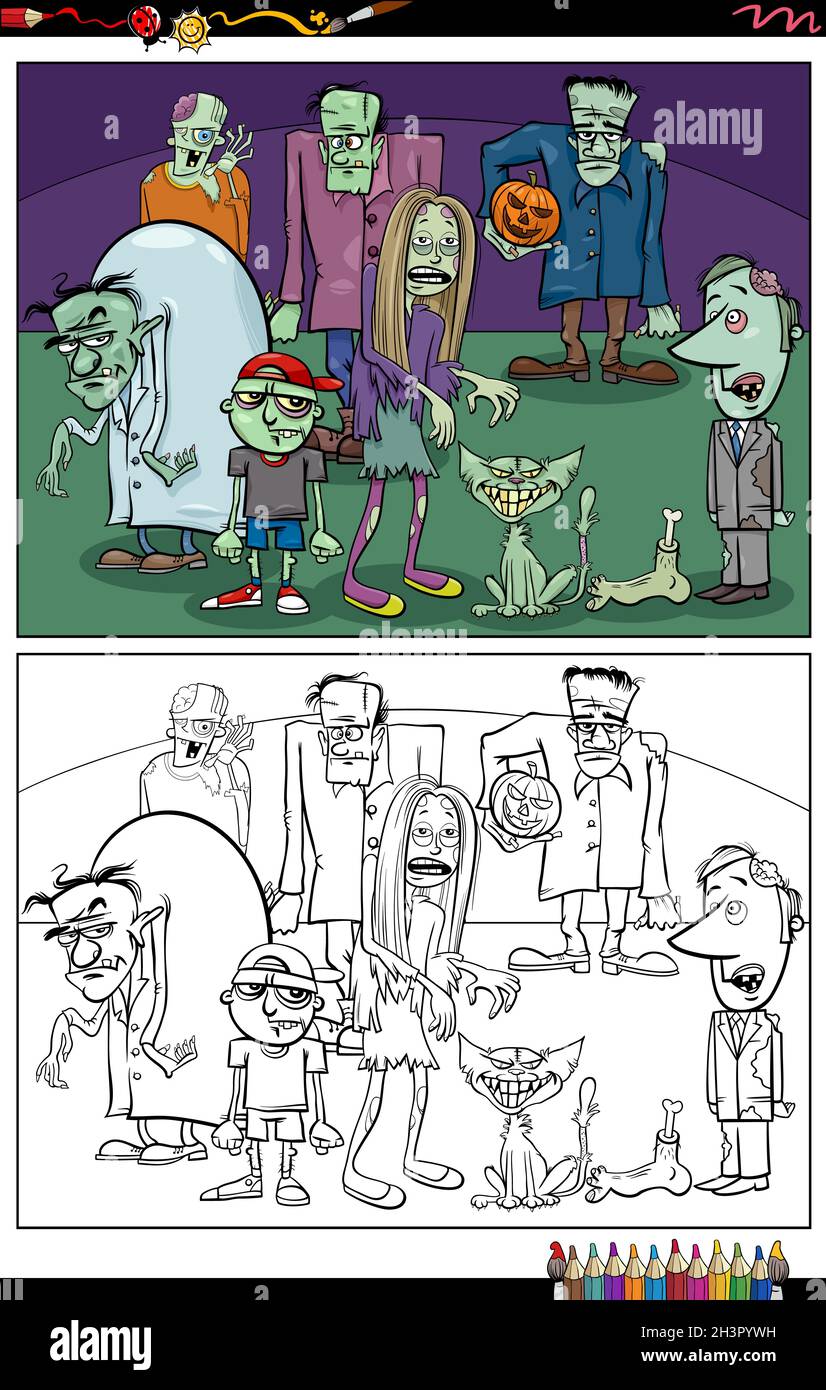 Cartoon zombie characters group coloring book page Stock Photo - Alamy