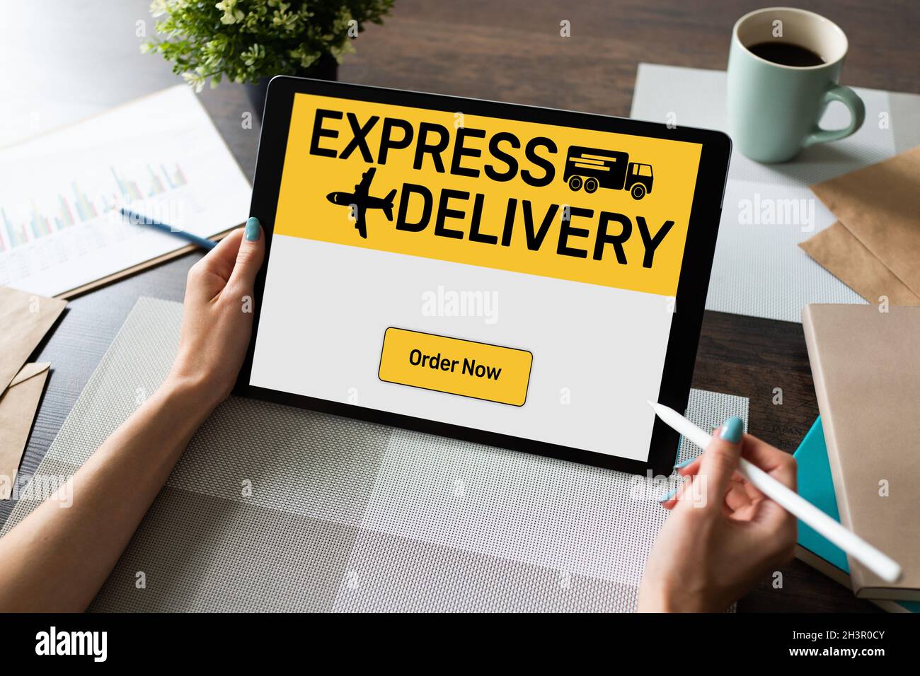 Express delivery form on screen, transportation and logistic concept ...