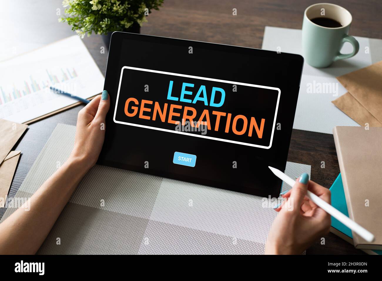 Lead generation start button on screen. Digital marketing and business ...