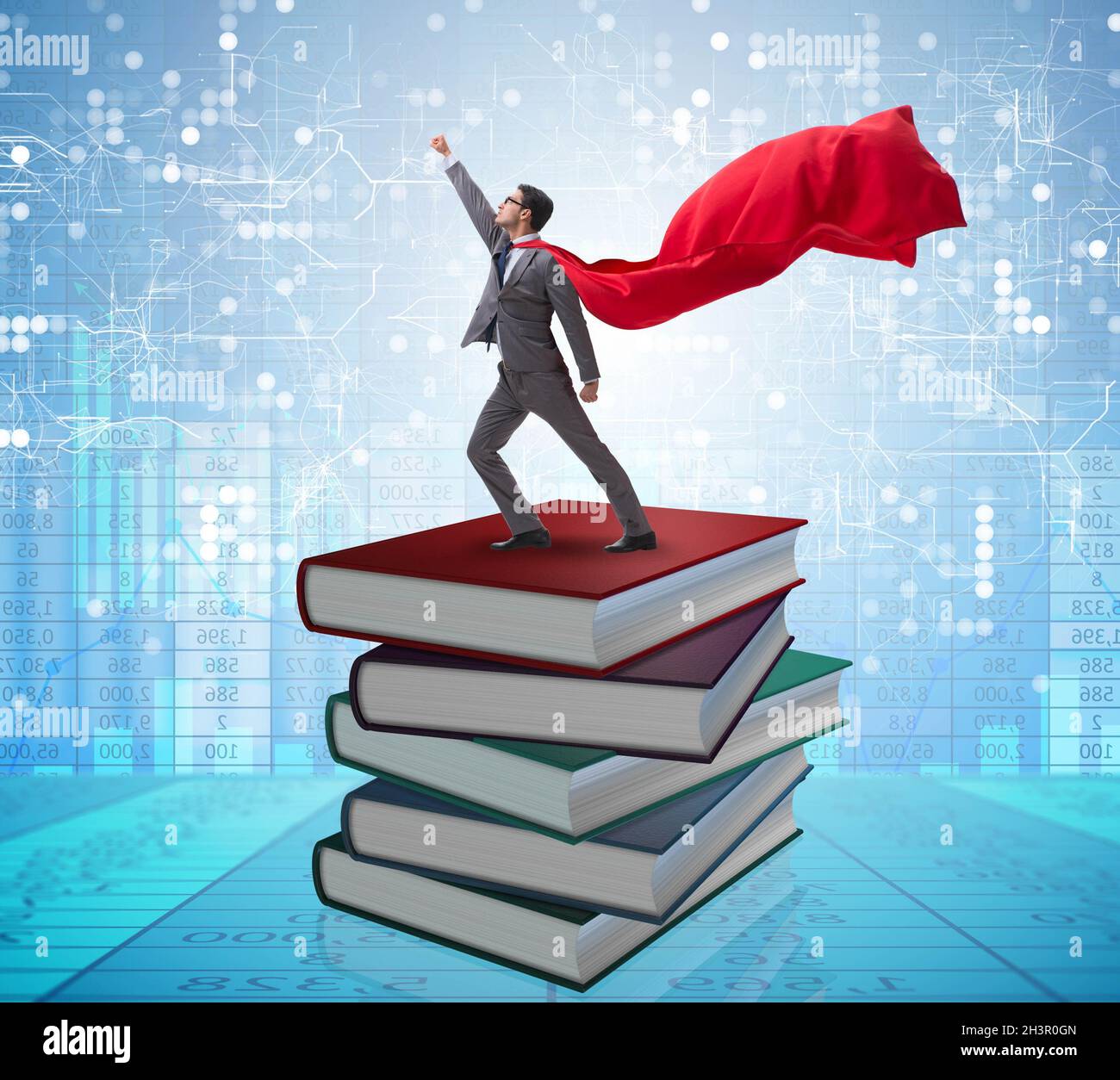 Superhero businessman in education concept with books Stock Photo - Alamy
