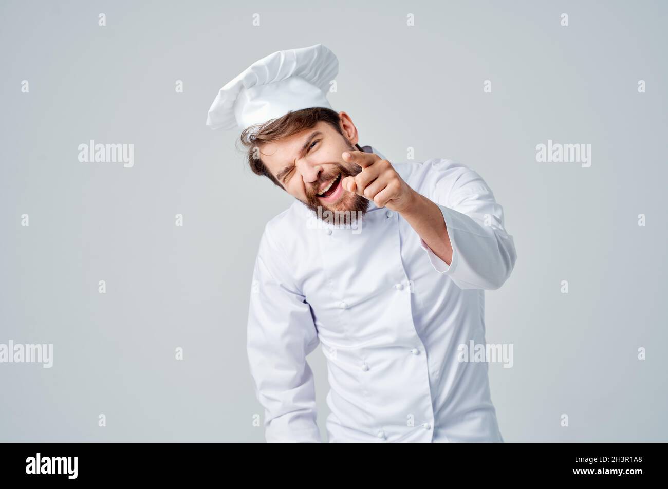 bearded man chef kitchen Job hand gestures isolated background Stock ...
