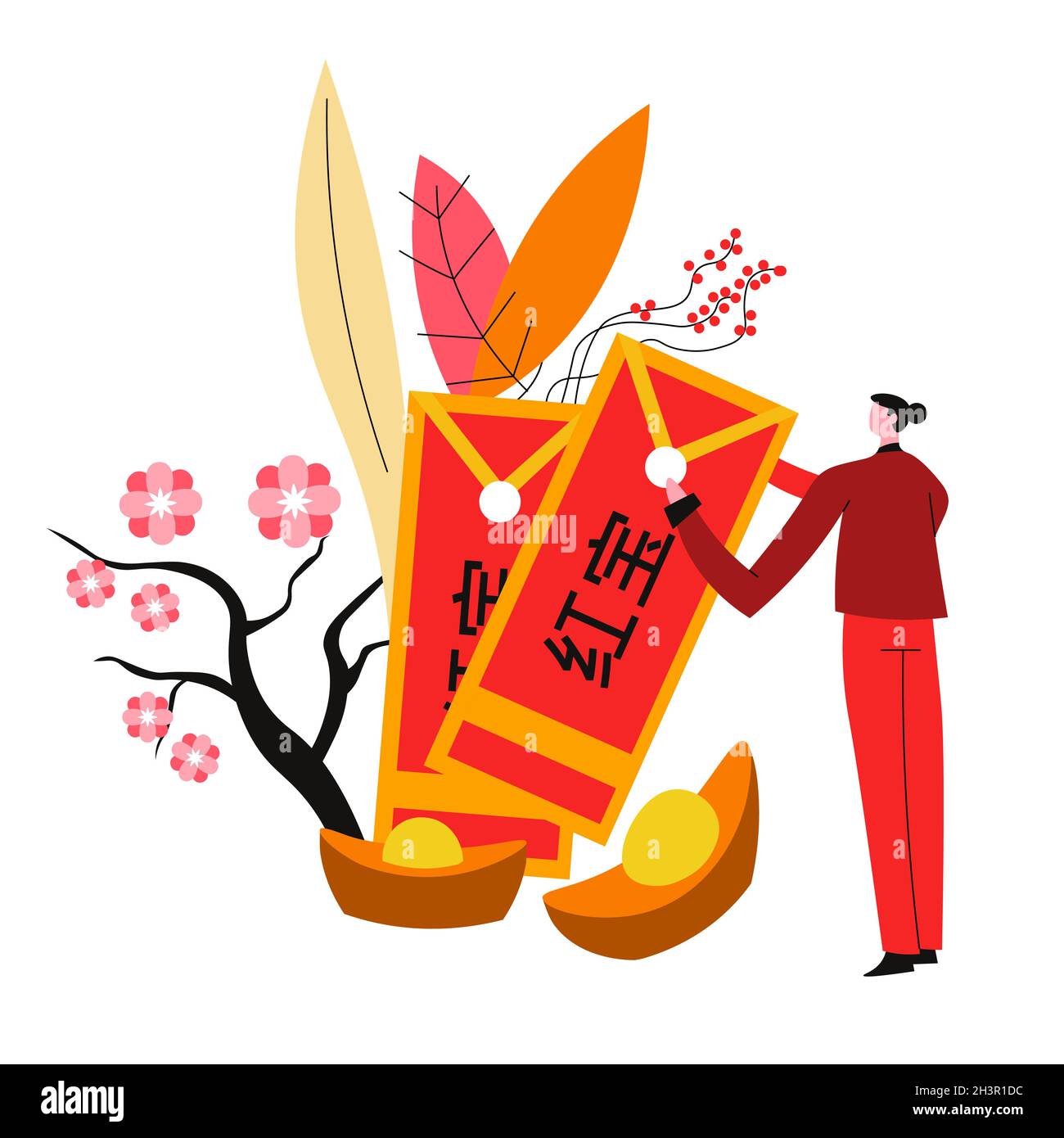 Chinese symbols, sakura and red envelopes with hieroglyphs Stock Vector ...