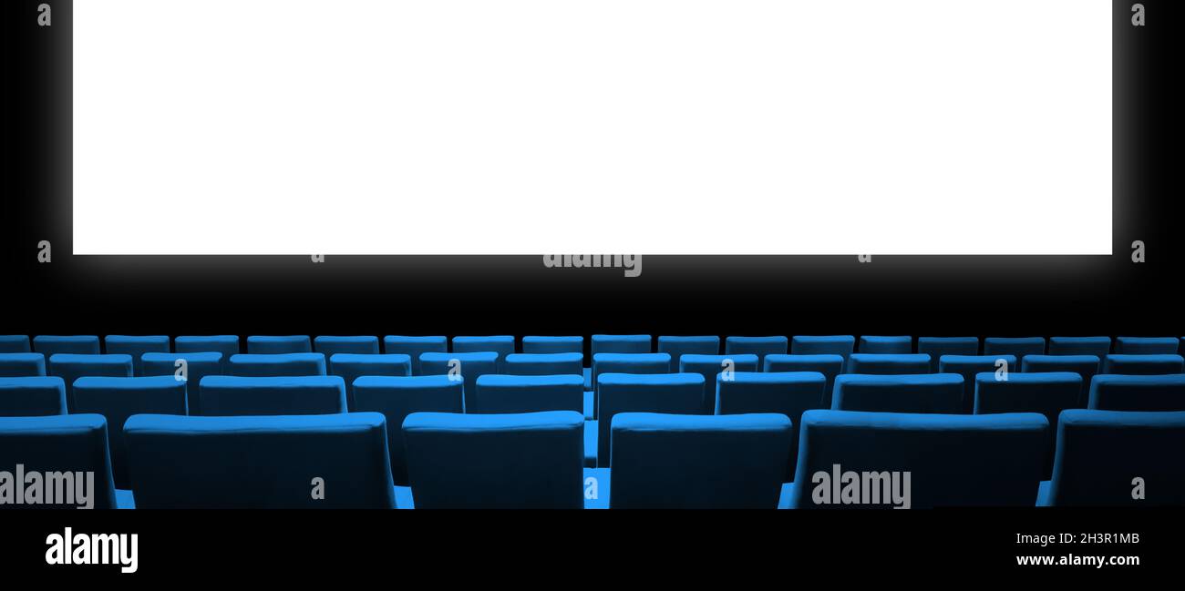 Cinema movie theatre with blue seats and a blank white screen ...