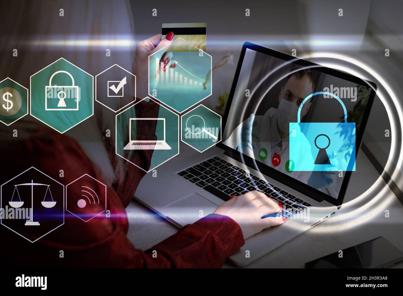 Digital cybersecurity and network protection concept. Virtual locking ...