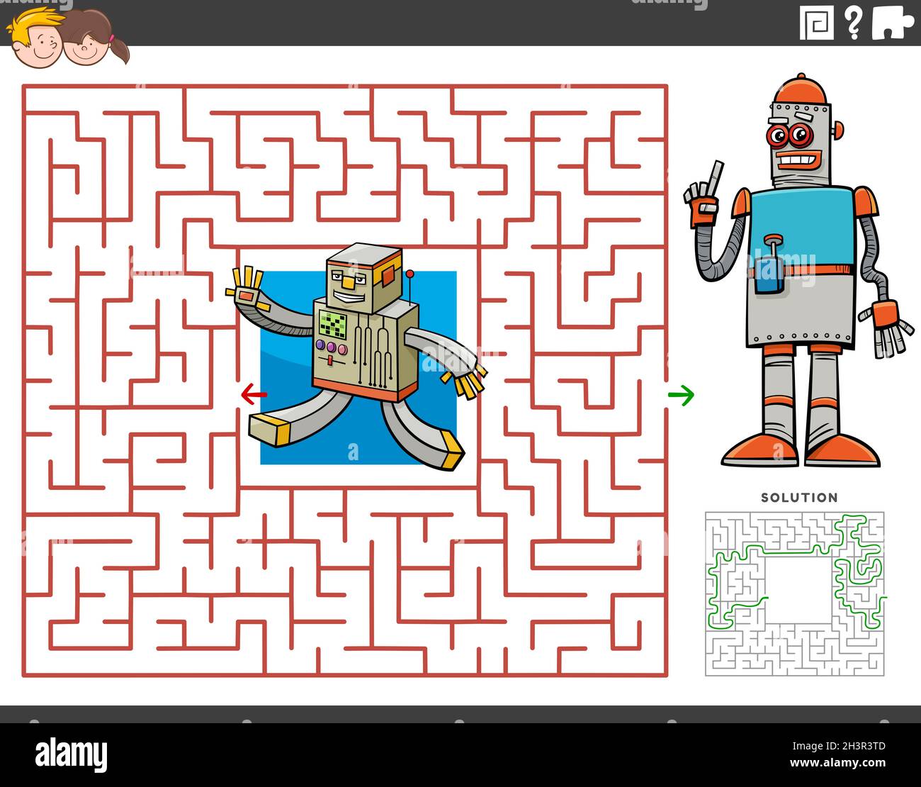Maze educational game with cartoon robots Stock Photo - Alamy
