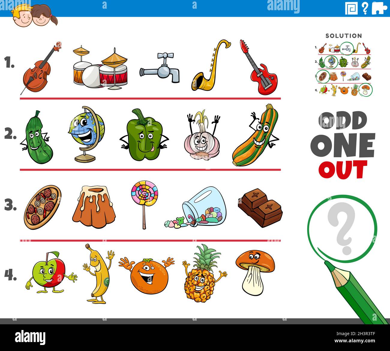 Odd one out picture task with cartoon characters Stock Photo - Alamy