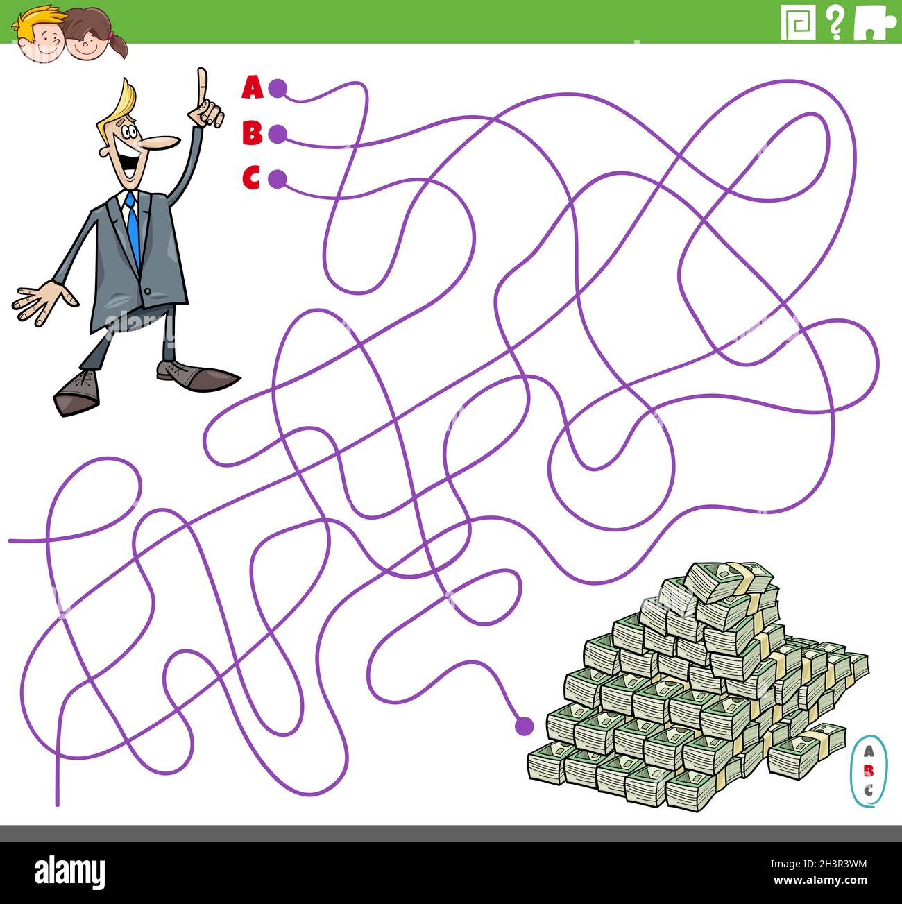 Maze game with cartoon businessman and pile of money Stock Photo - Alamy