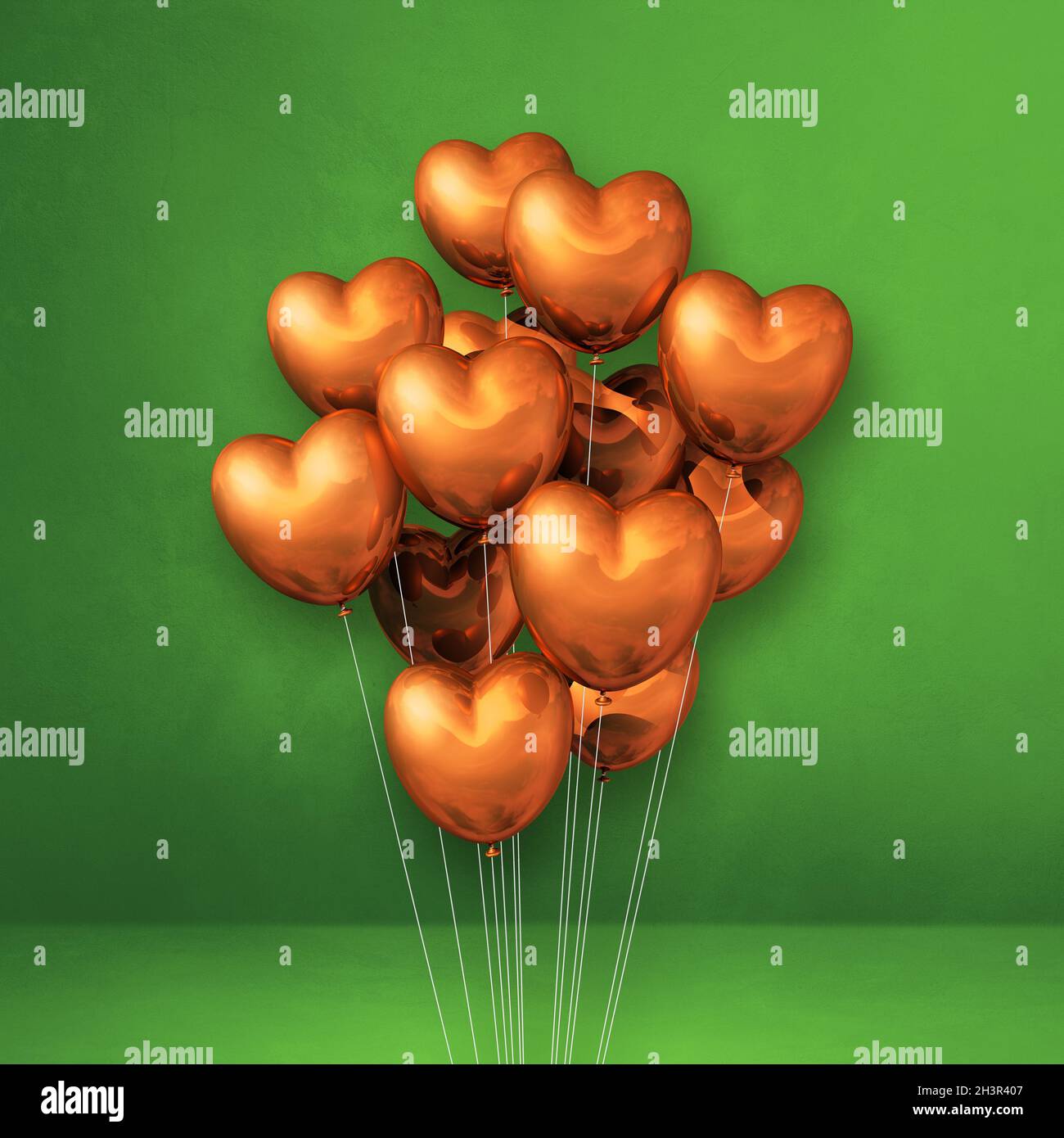 Copper heart shape balloons bunch on a green wall background Stock ...