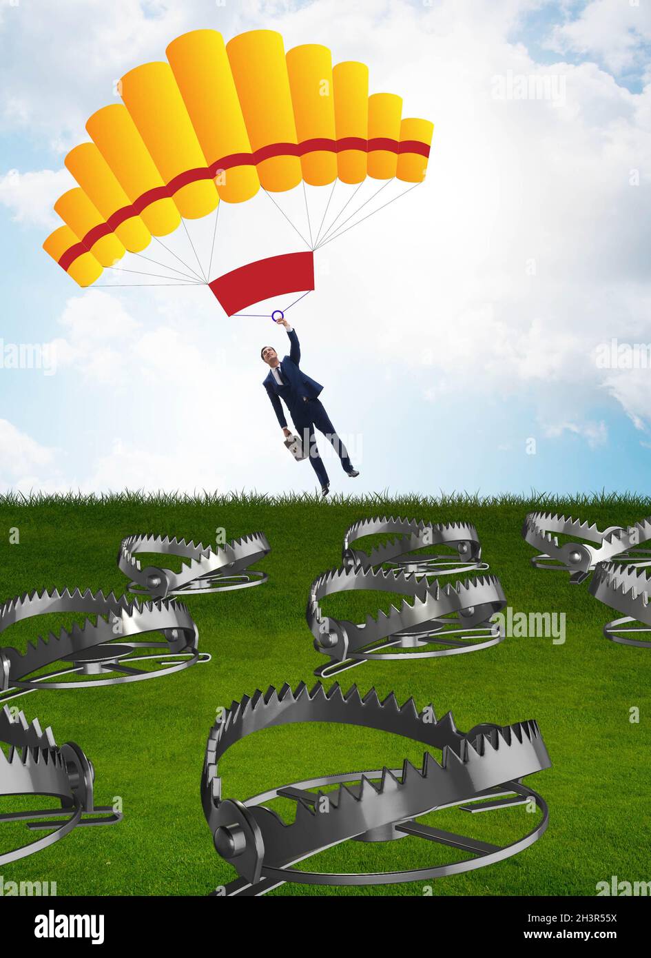 Businessman falling into trap on parachute Stock Photo - Alamy