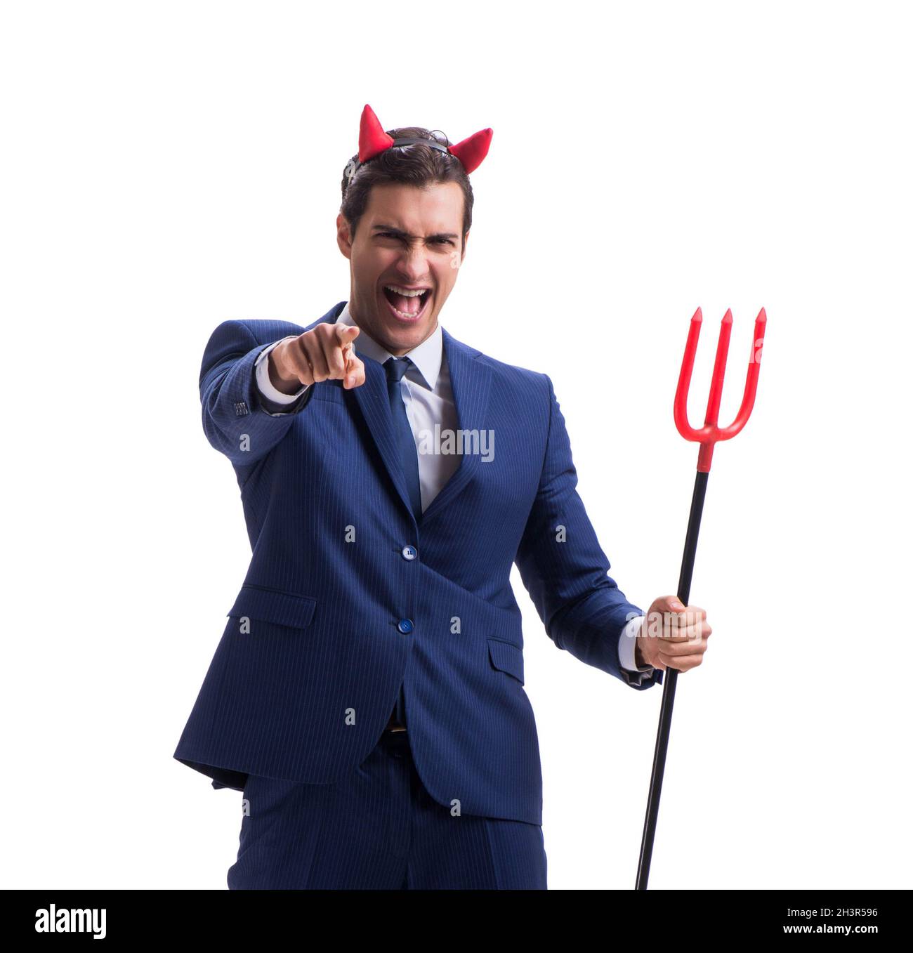 Evil devil businessman with pitchfork isolated on white backgrou Stock ...