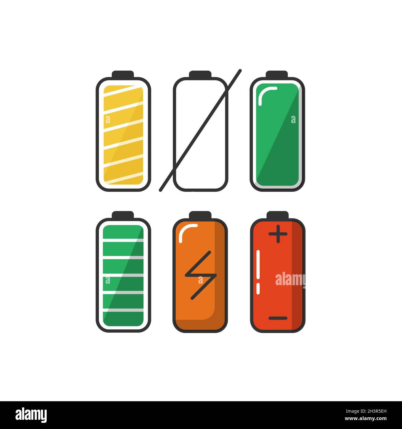 Set of battery charge level indicators in flat style. Energy load ...