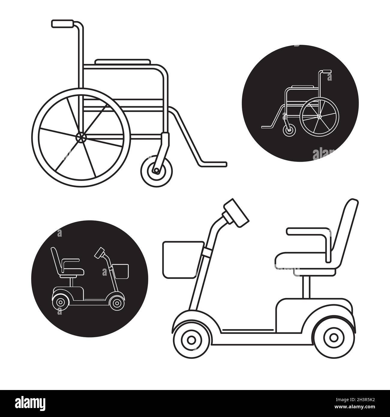 Line art style set of mobility scooter and wheelchair icons Stock ...