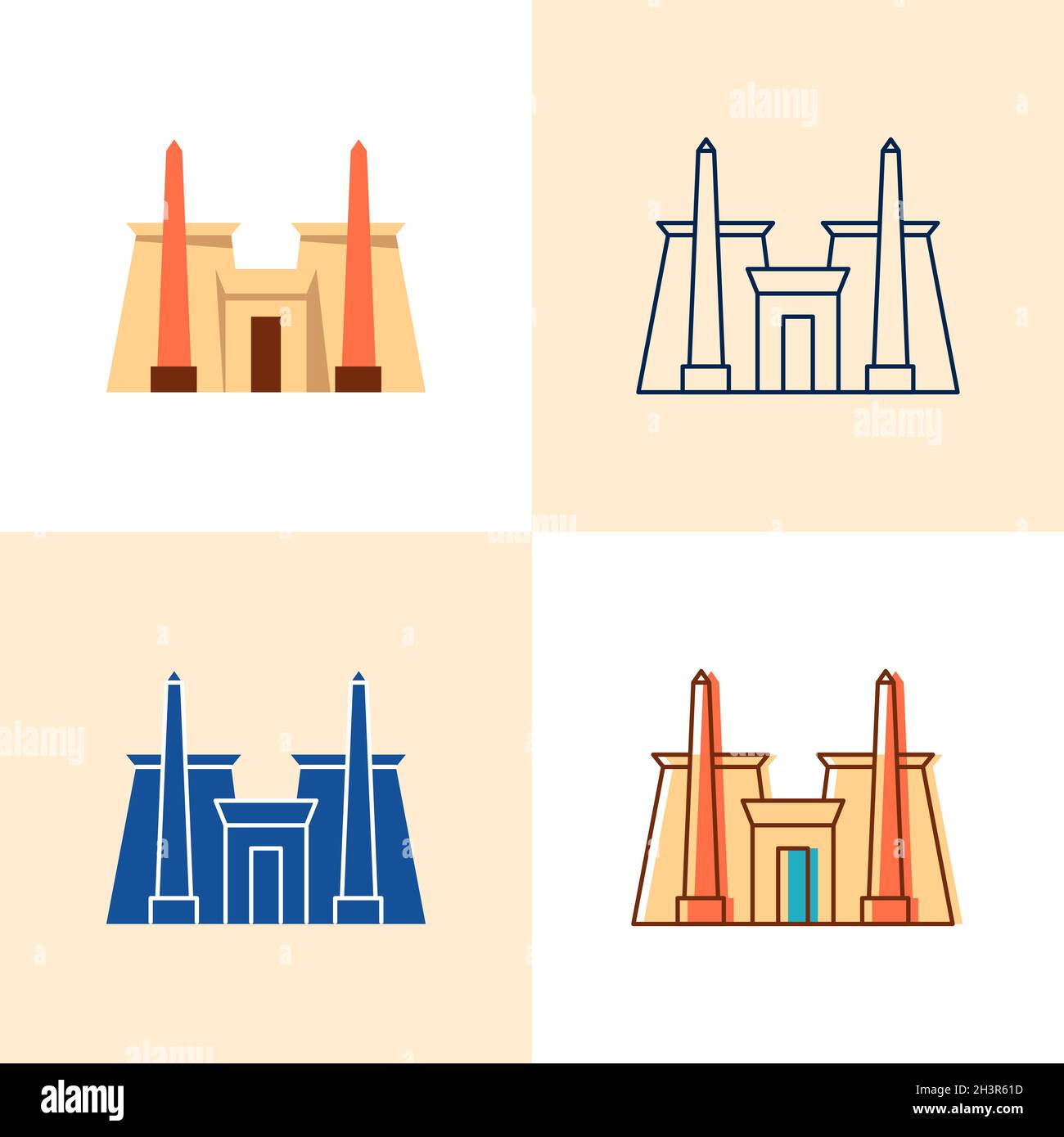 Karnak temple icon set in flat and line style. Famous Luxor ancient ...
