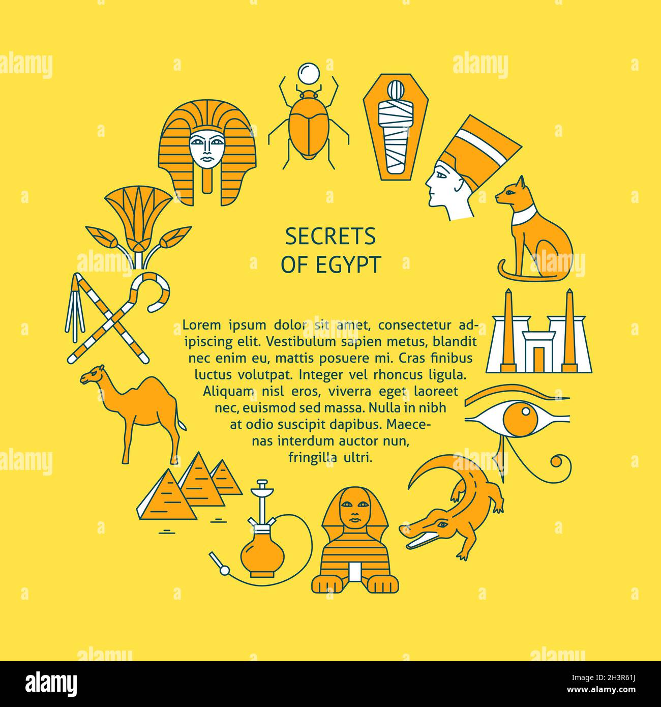 Round banner with Egypt icons in colored line style. Pharaoh, Sphinx ...