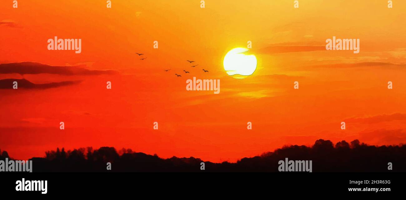 Evening sunset view. Beautiful red sky. Artistic work Stock Photo - Alamy