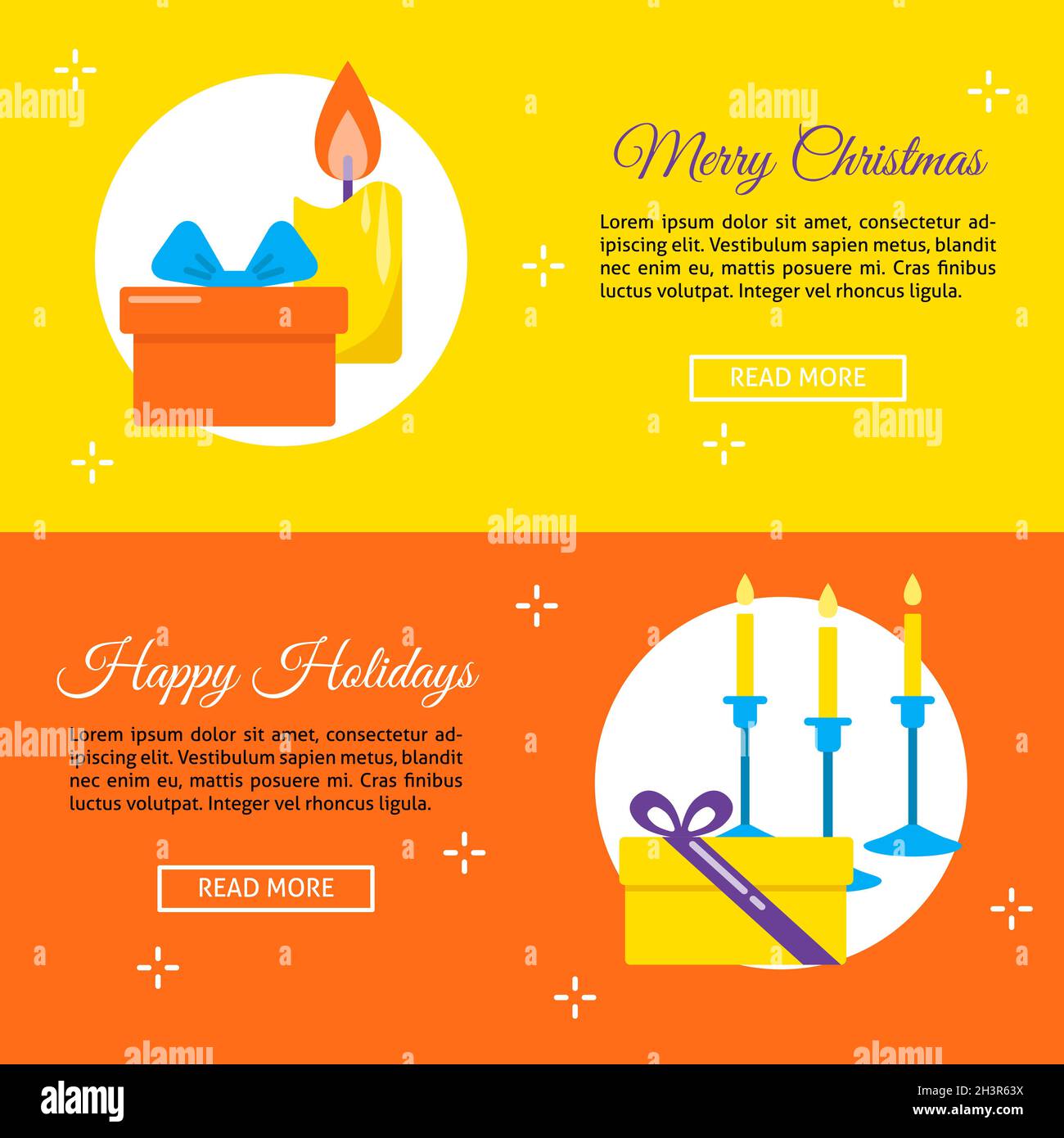 Happy holidays concept flyers in flat style with place for text. Bright ...