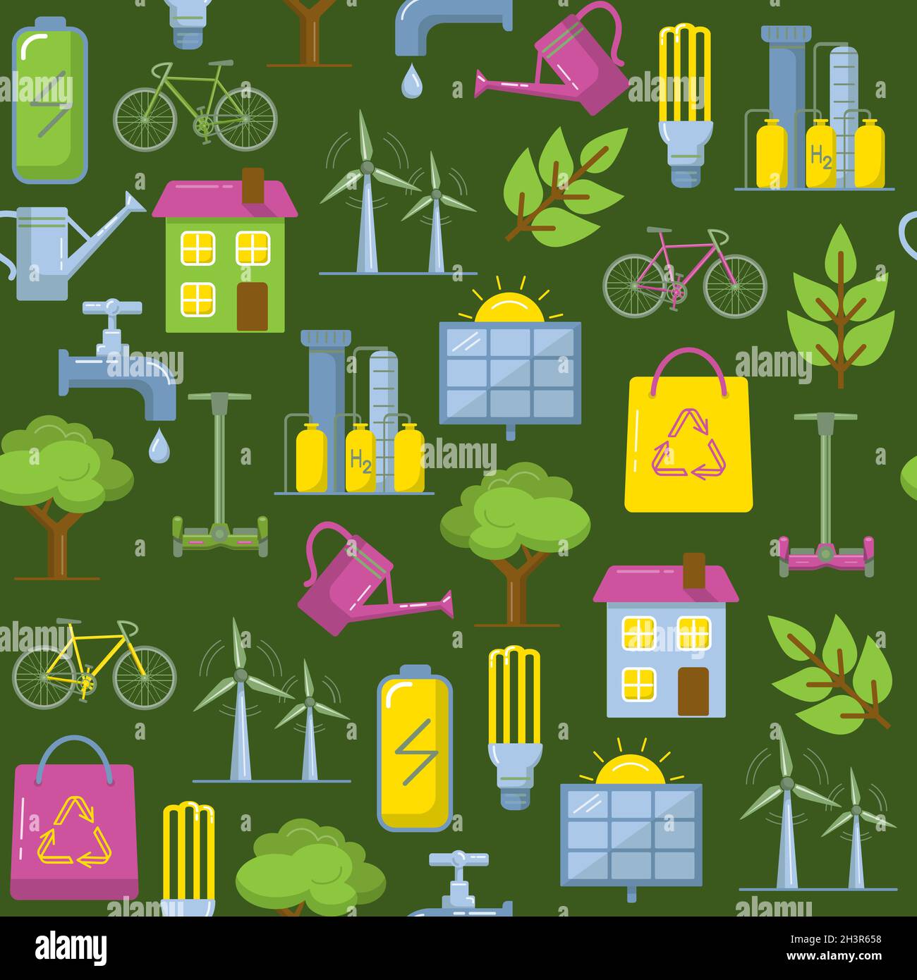 Green seamless pattern with energy and ecology symbols in flat style ...