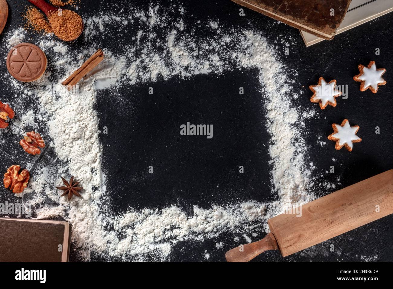 Kitchen with books, flour, and spices, with a place for text Stock ...