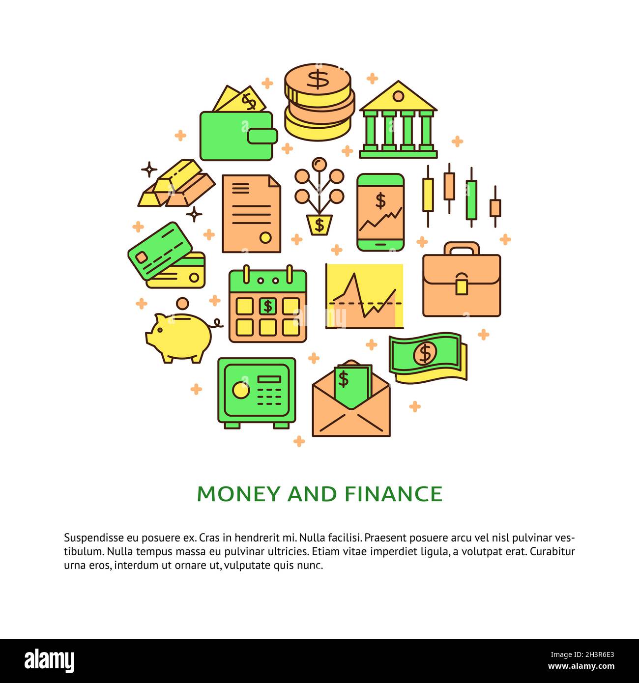 Finance and money round concept in line style with place for text ...