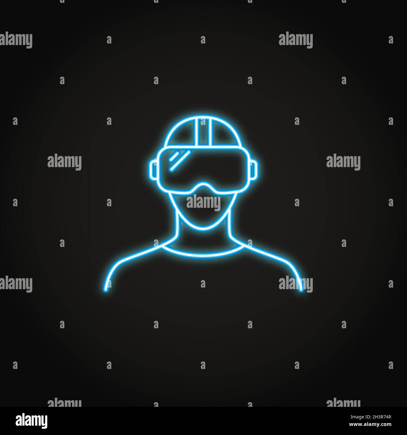 Man in virtual reality headset icon in neon style. Modern computer ...