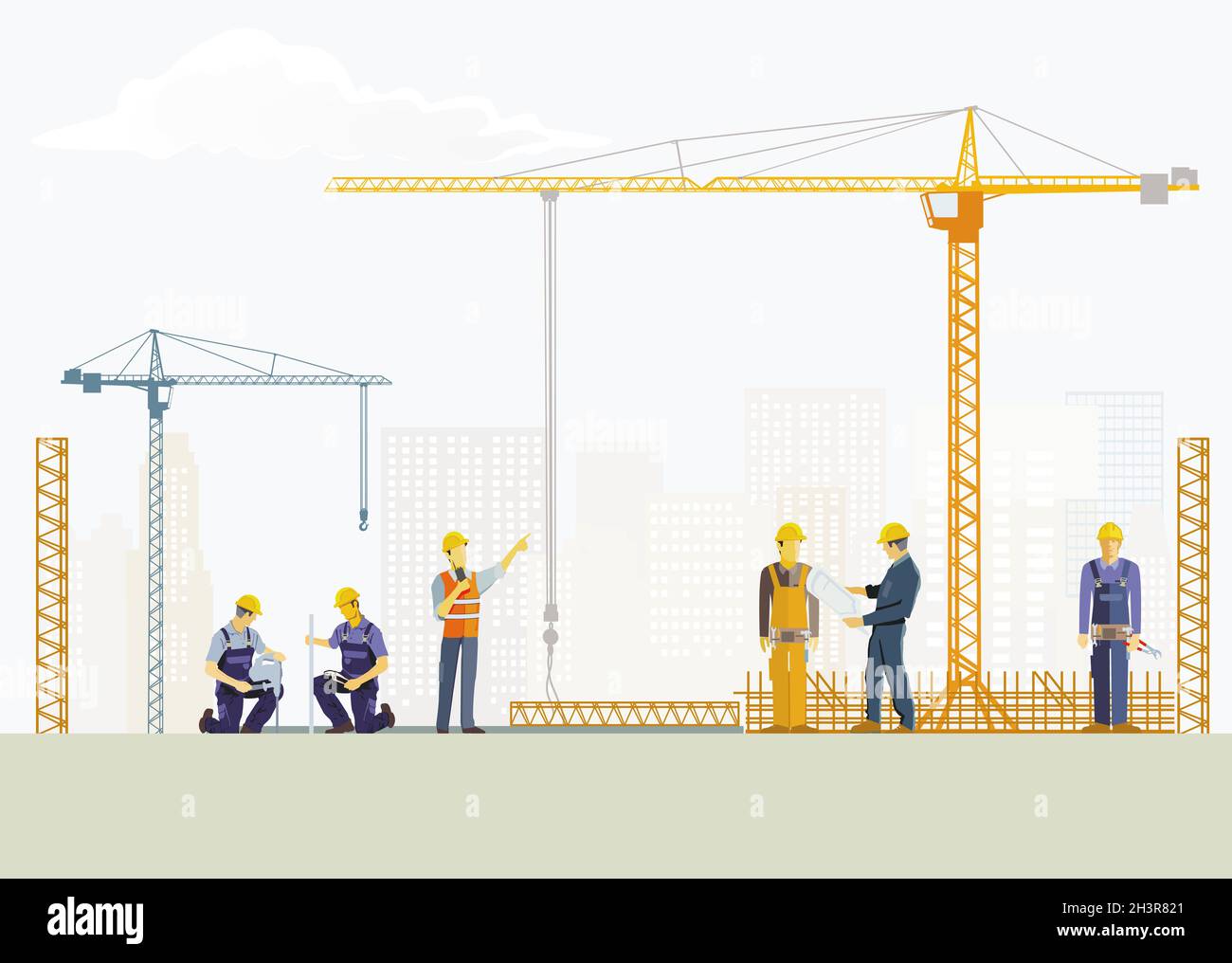Building construction work with construction workers on the ...