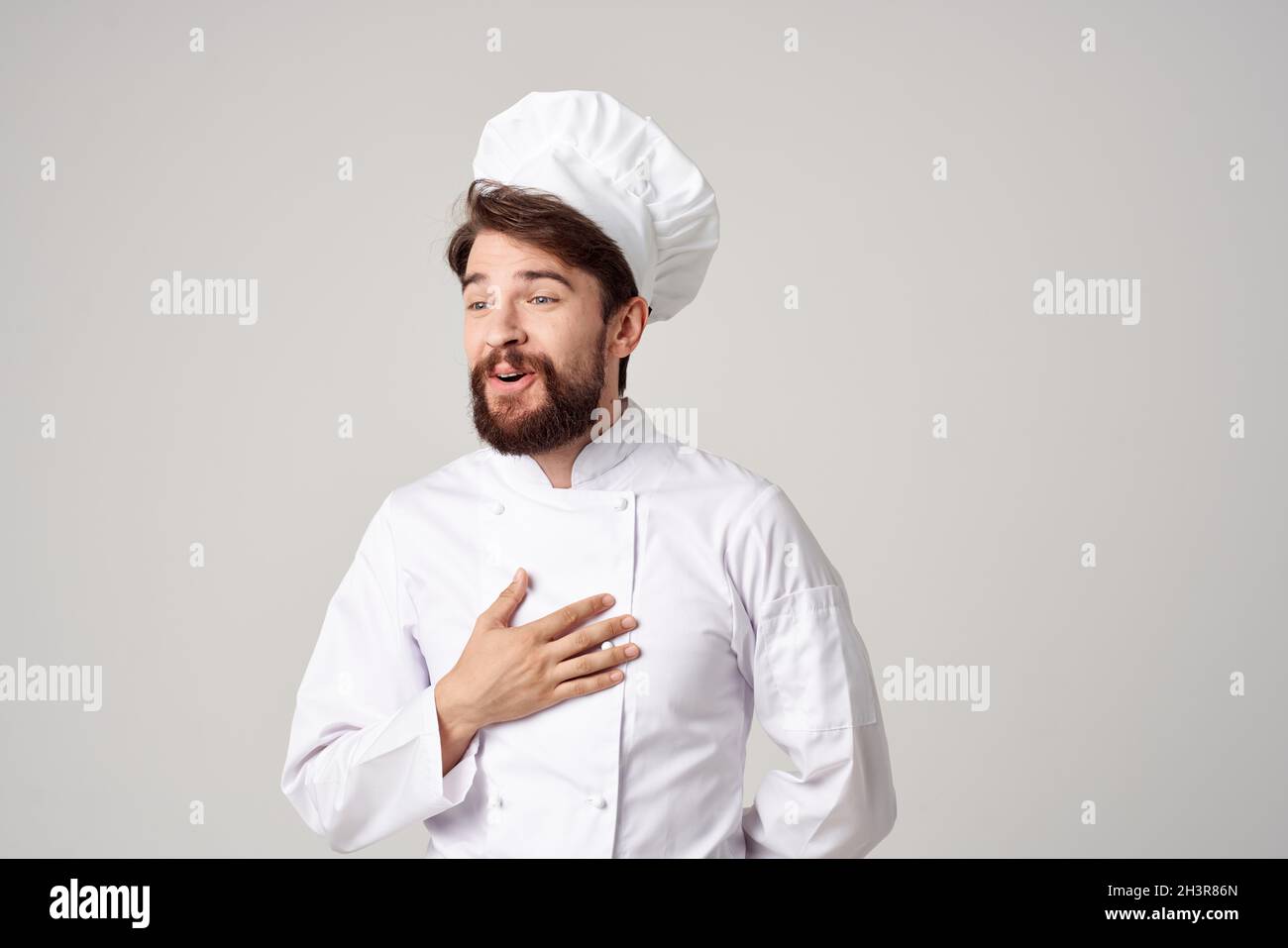 bearded man Chef uniform Cooking emotions gourmet posing studio Stock ...