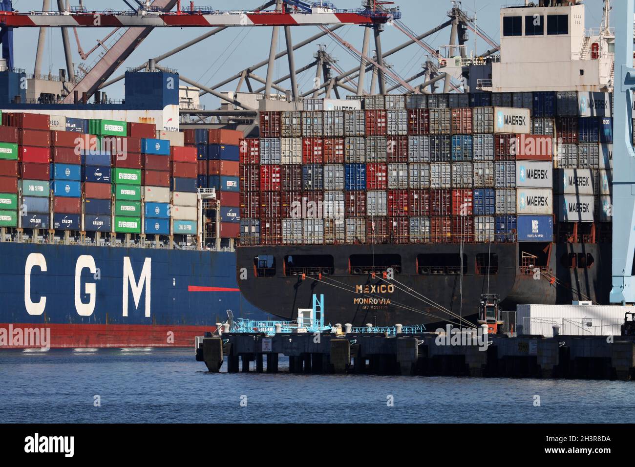 Los Angeles, USA. 30th Oct, 2021. Fully loaded container ships are seen ...