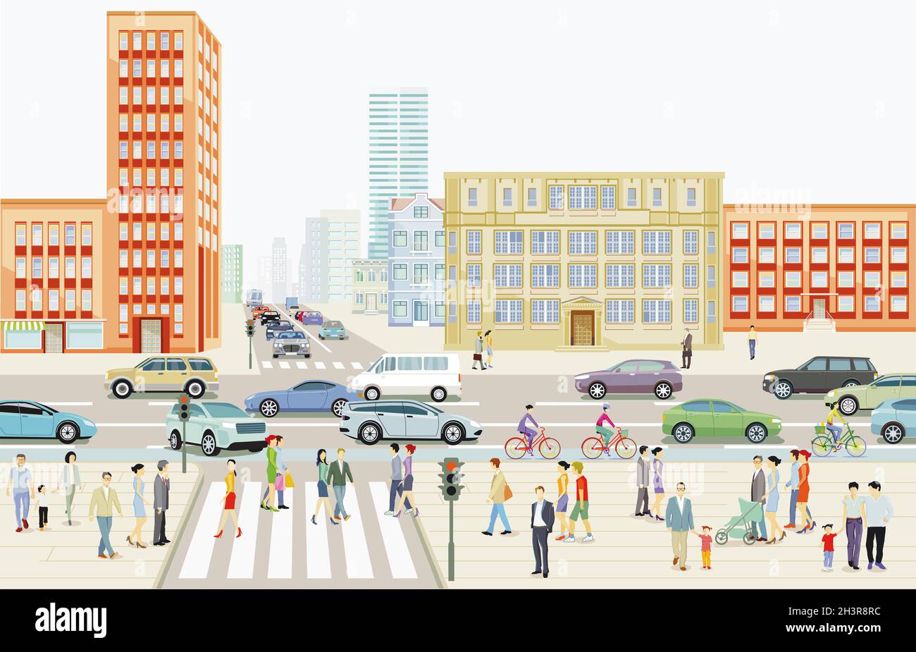 City landscape with road traffic and pedestrians on the zebra crossing ...