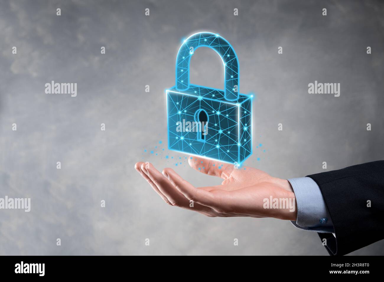 Cyber security network. Padlock icon and internet technology networking. Businessman protecting ...