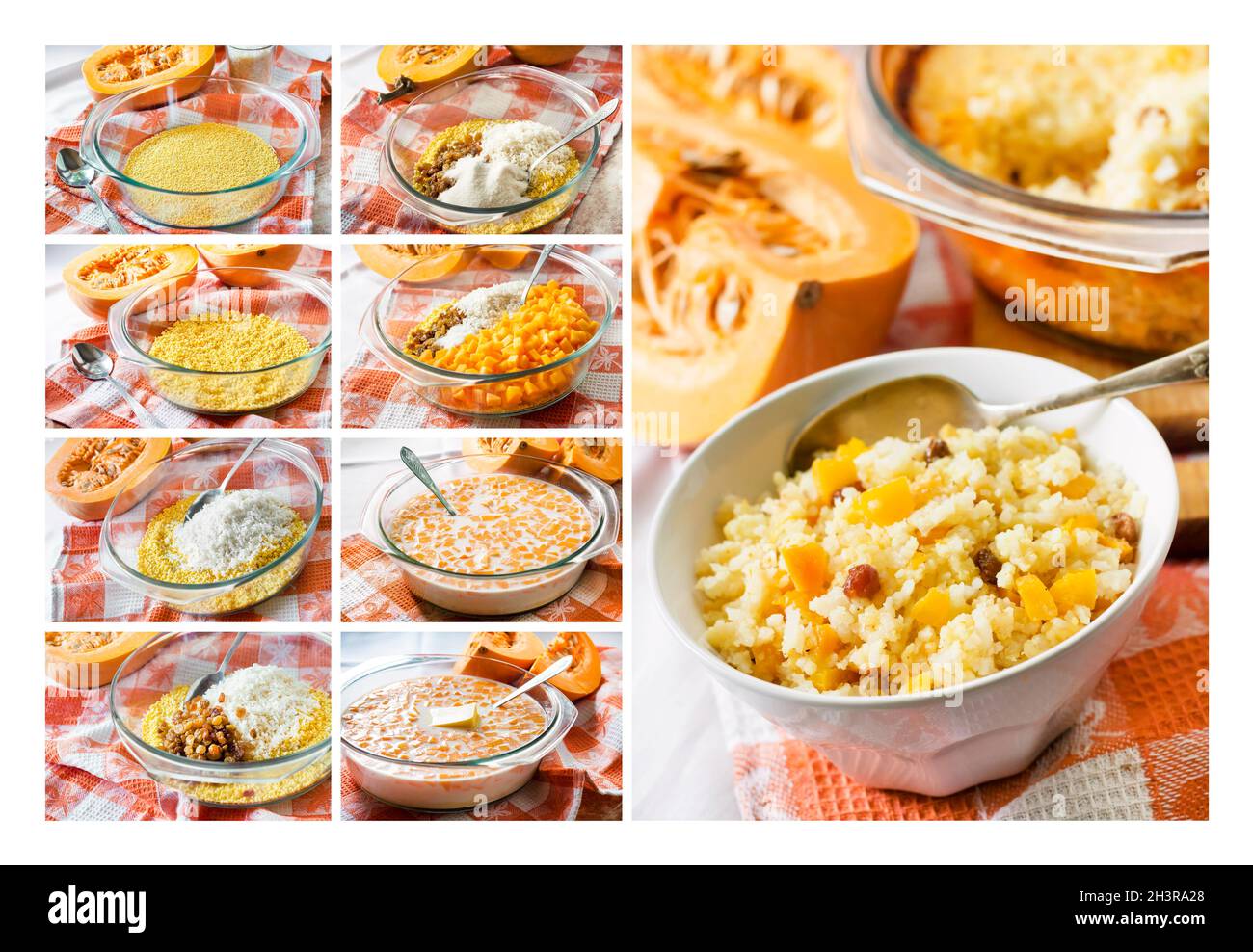 Collage of stages of cooking sweet milky millet and rice porridge with ...