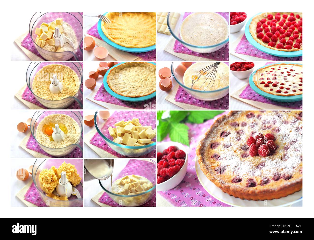 Collage of stages of cooking raspberry cake with white chocolate on ...