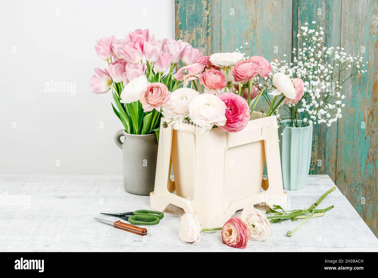 Florist workplace: flowers and accessories. garden hobby Stock Photo ...