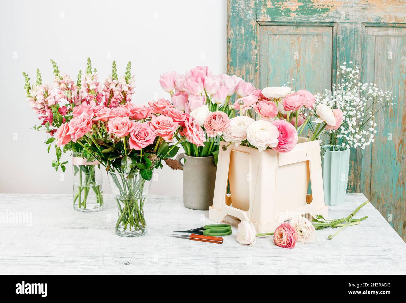 Florist workplace: flowers and accessories. garden hobby Stock Photo ...