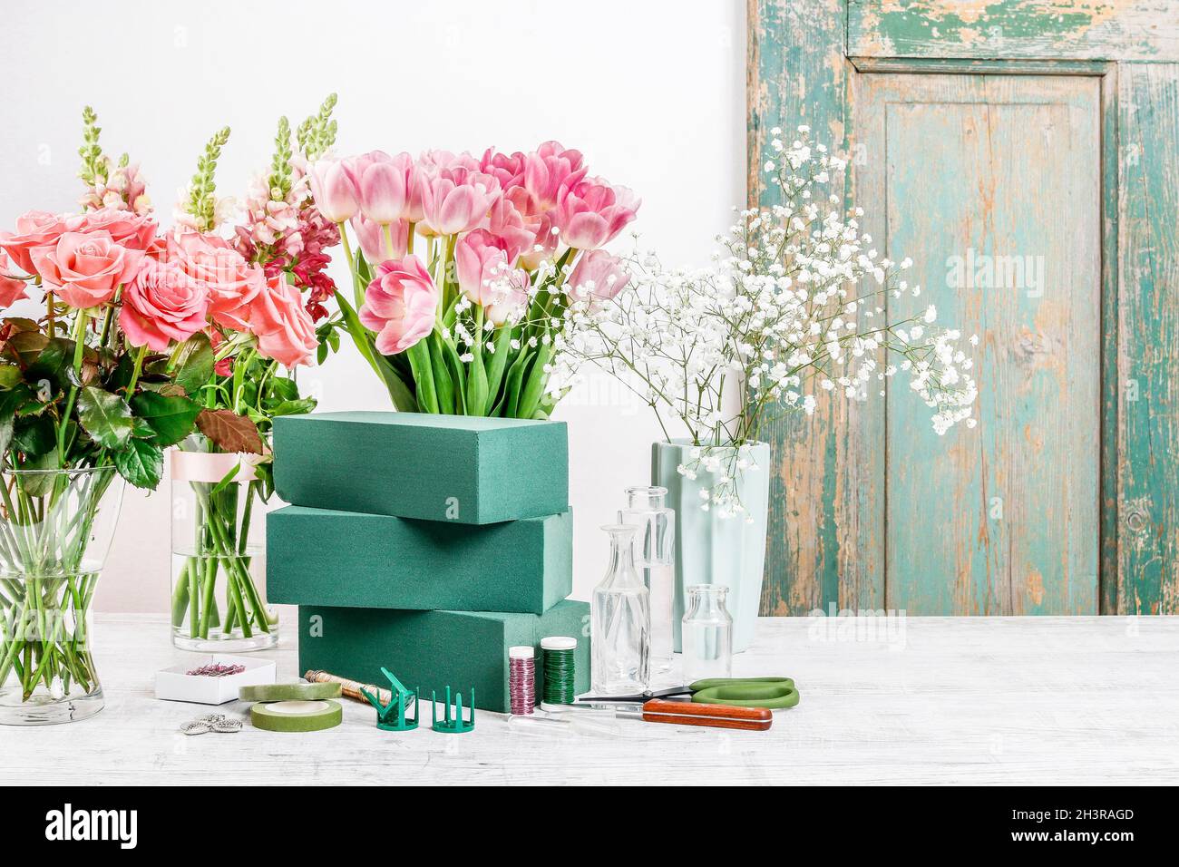 Florist workplace: flowers and accessories. garden hobby Stock Photo ...