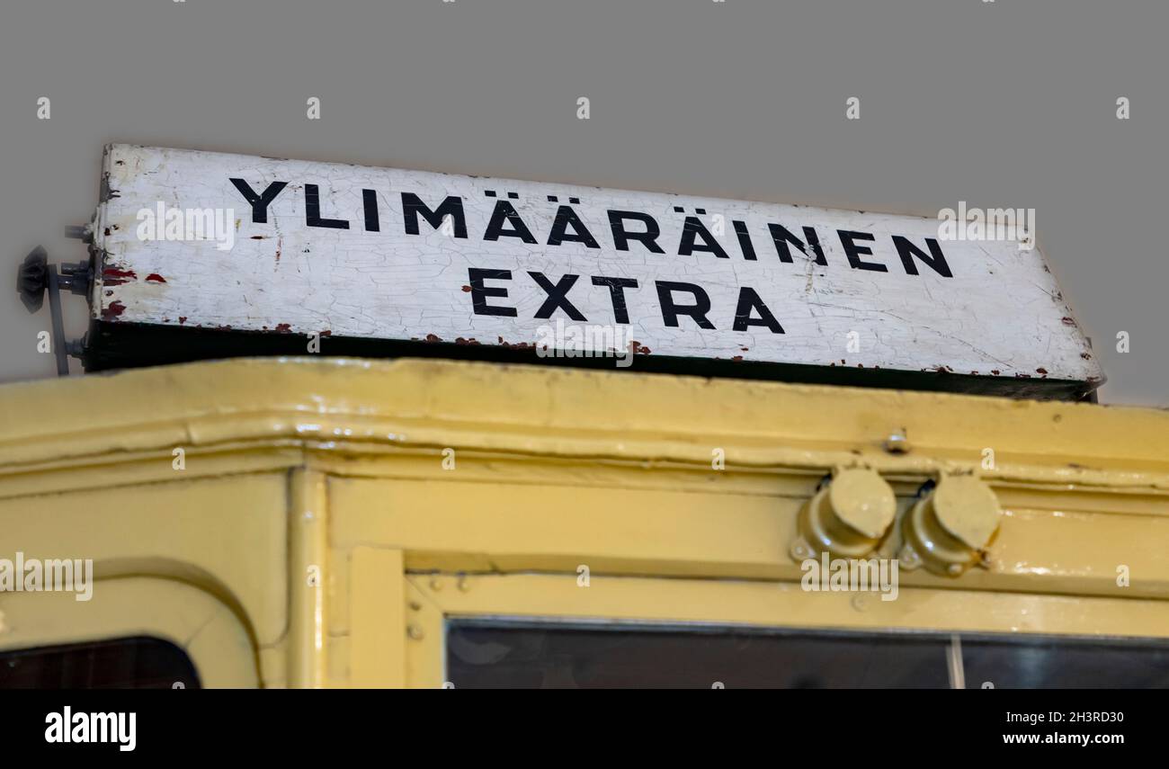 Vintage tram headsign on display at the Tram Museum in Helsinki ...