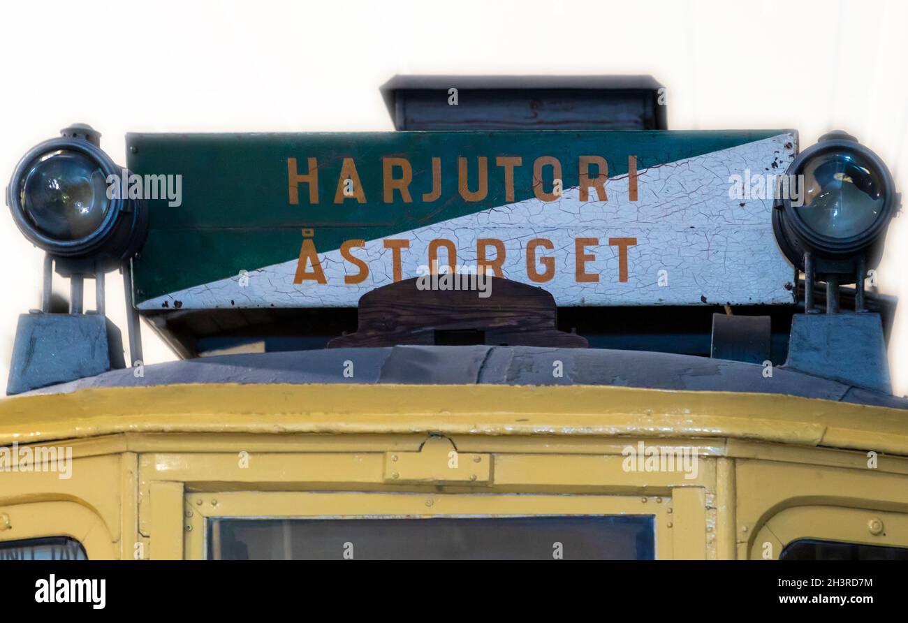 Vintage tram headsign on display at the Tram Museum in Helsinki ...