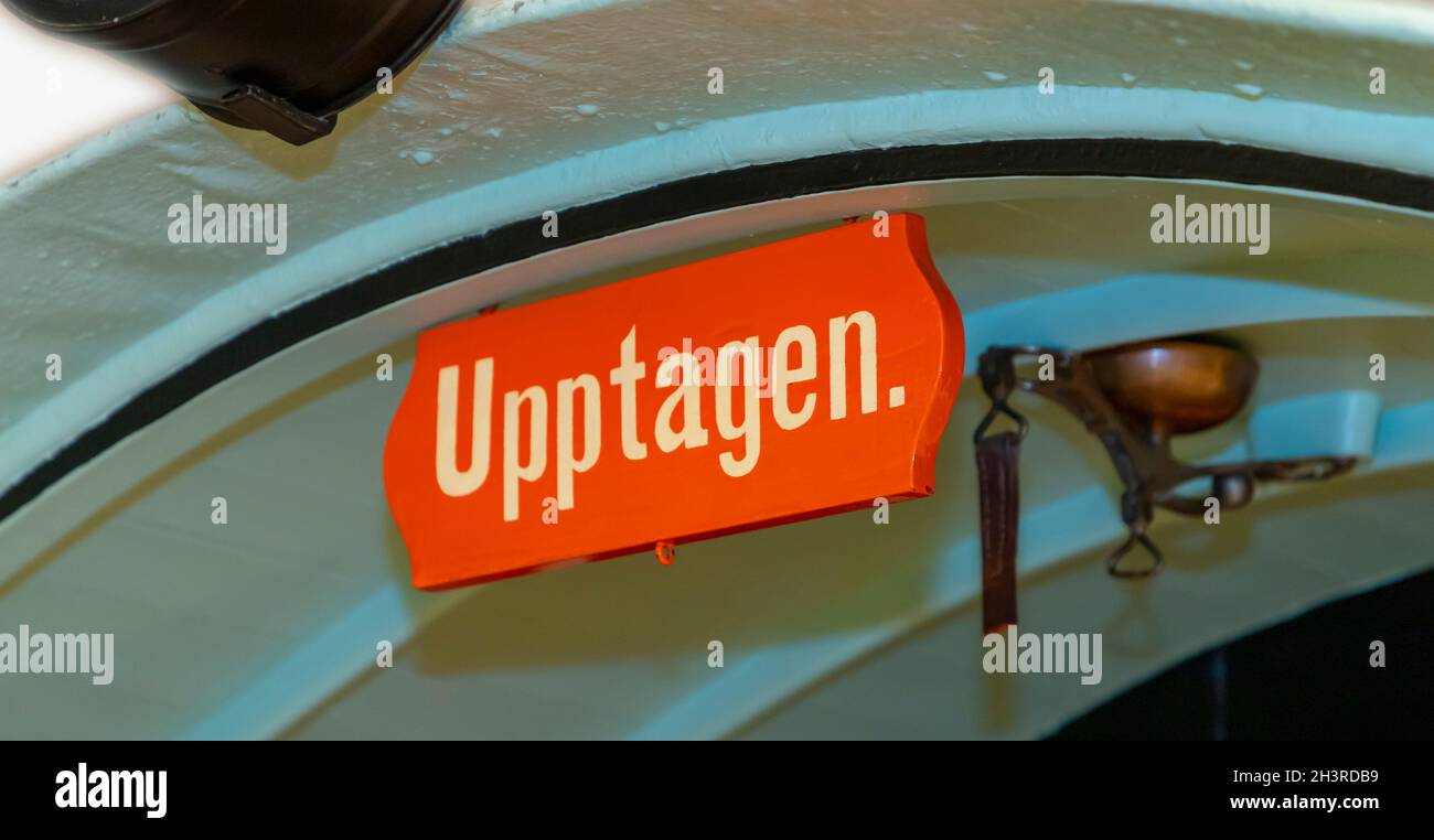 Full sign on vintage tram on display at the Tram Museum in Helsinki ...