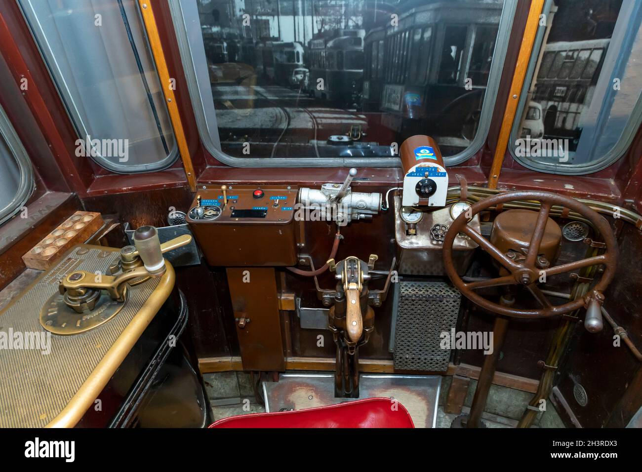 Driver's cab of vintage tram on display at the Tram Museum in Helsinki ...