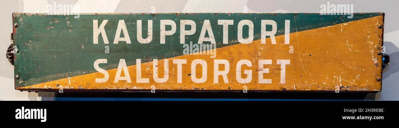 Vintage tram headsign on display at the Tram Museum in Helsinki ...