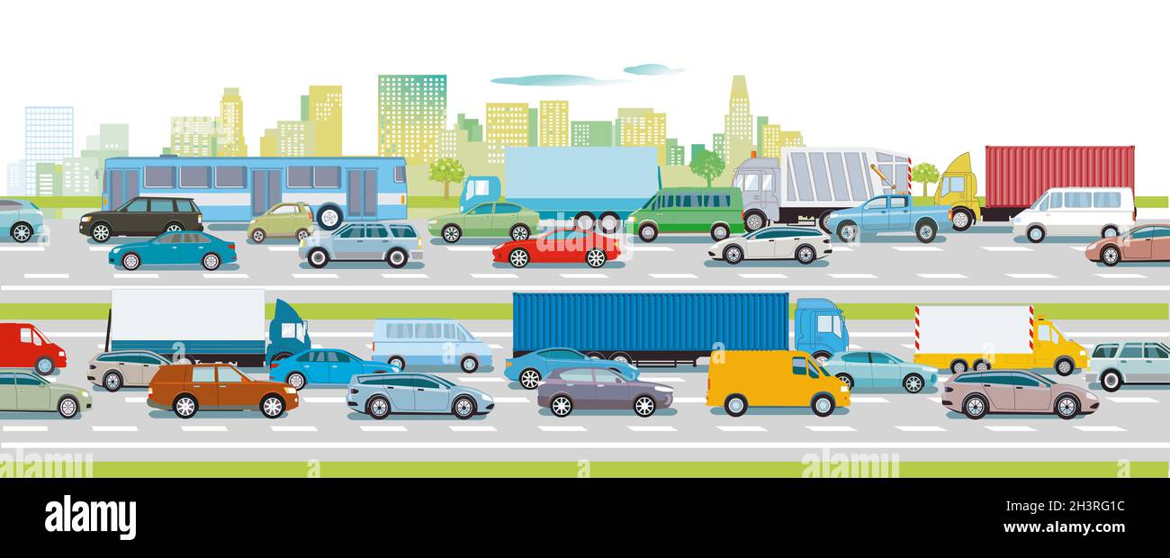 Road traffic on the highway in front of a big city illustration Stock ...