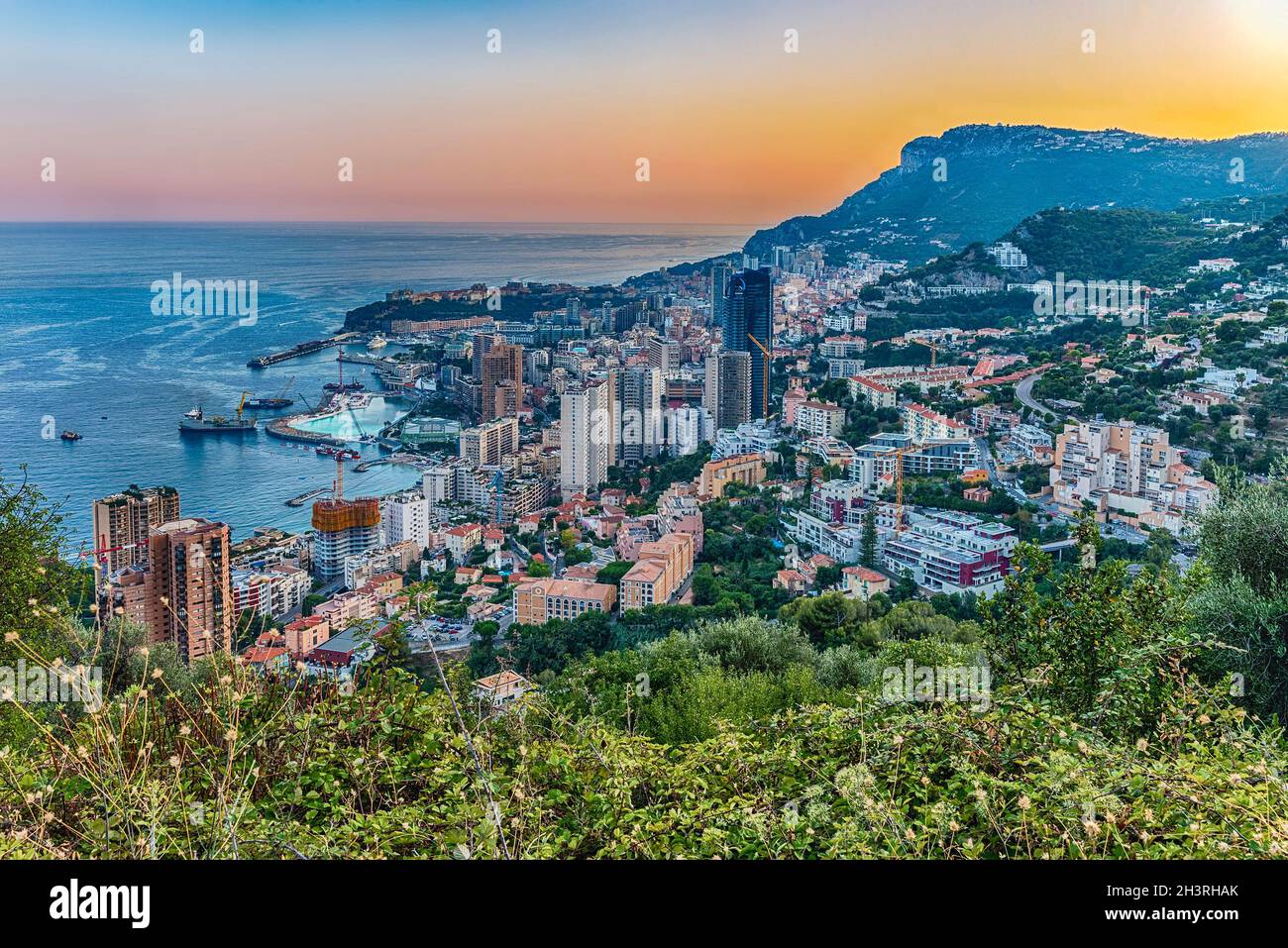 Panoramic view of Monaco at sunset from the Grande Corniche road ...