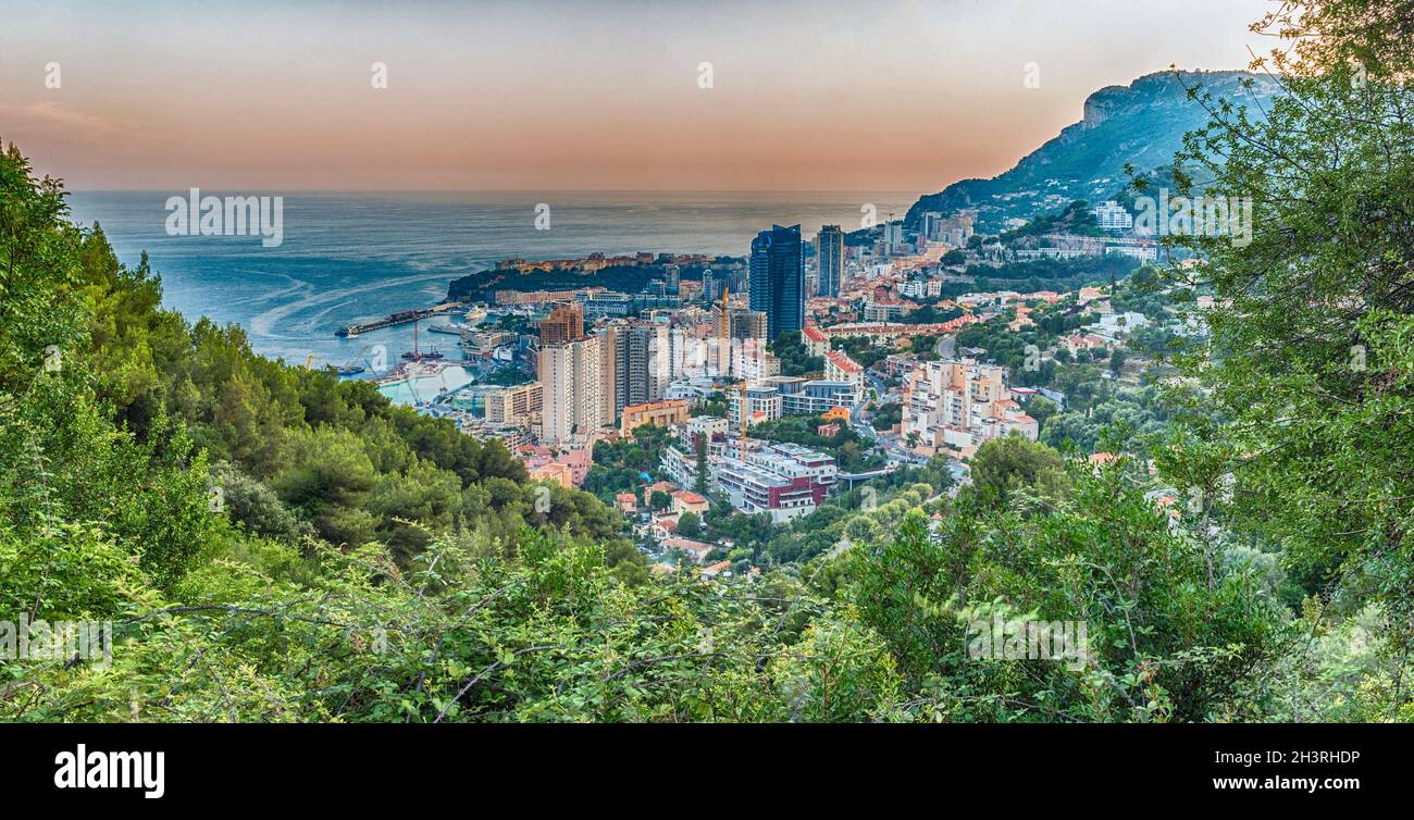 Panoramic view of Monaco at sunset from the Grande Corniche road ...