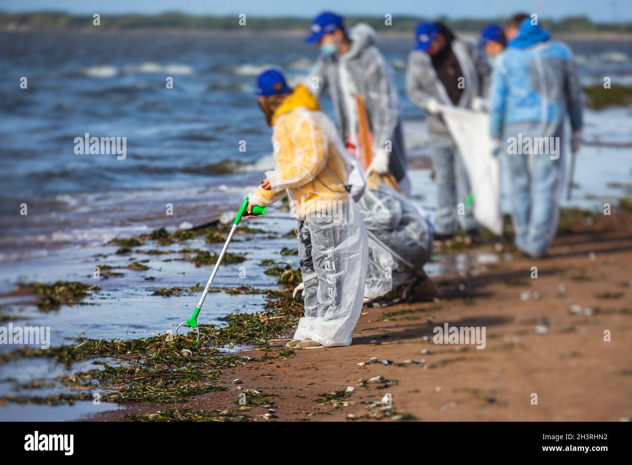 Process of cleaning up the shore beach line from litter garbage rubbish ...