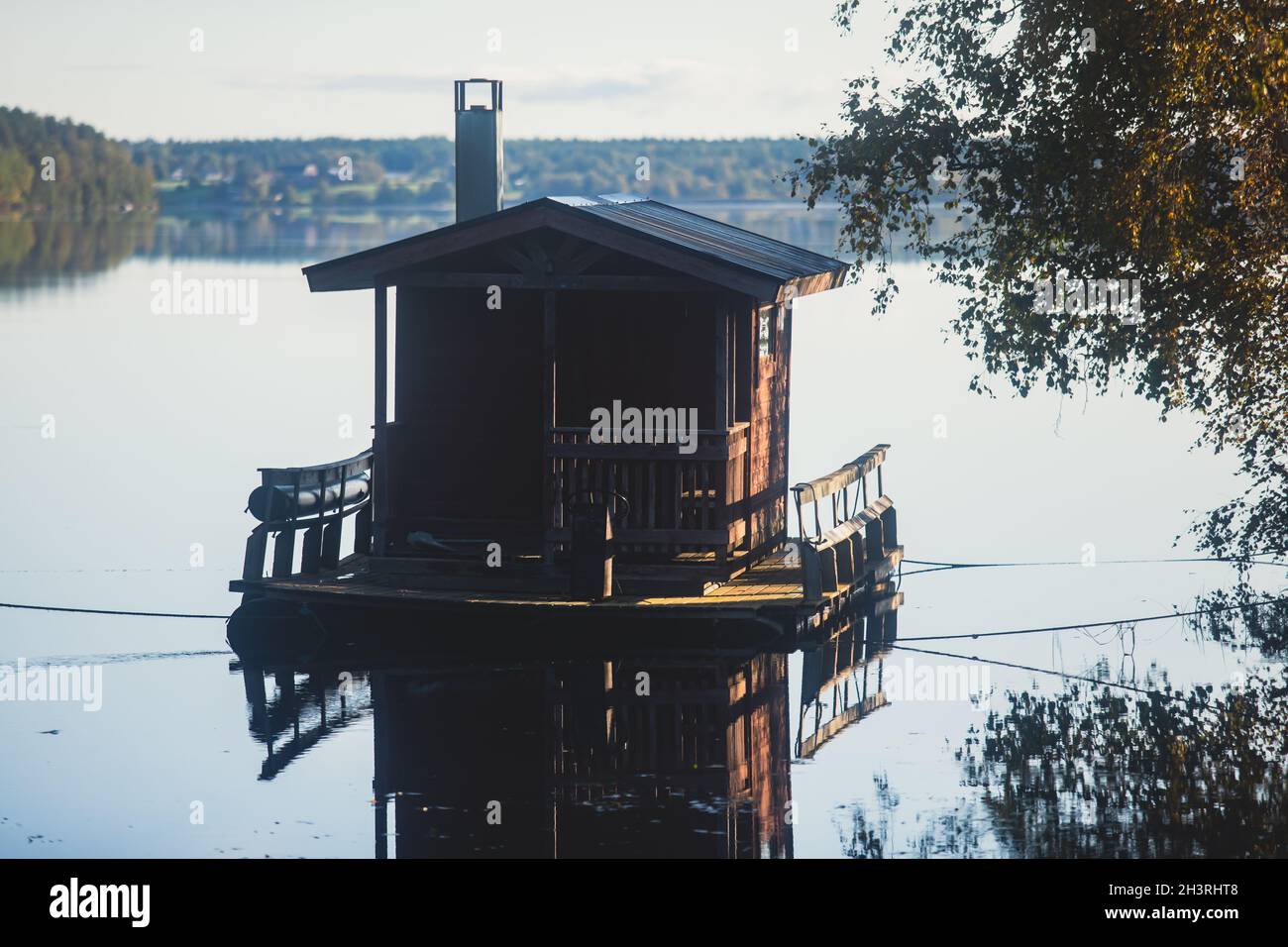Finnish wooden floating sauna boat on the river in Lapland, Finland ...